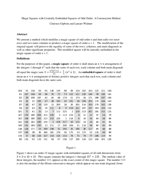 (PDF) Magic Squares with Centrally Embedded Squares of Odd Order: A Construction Method