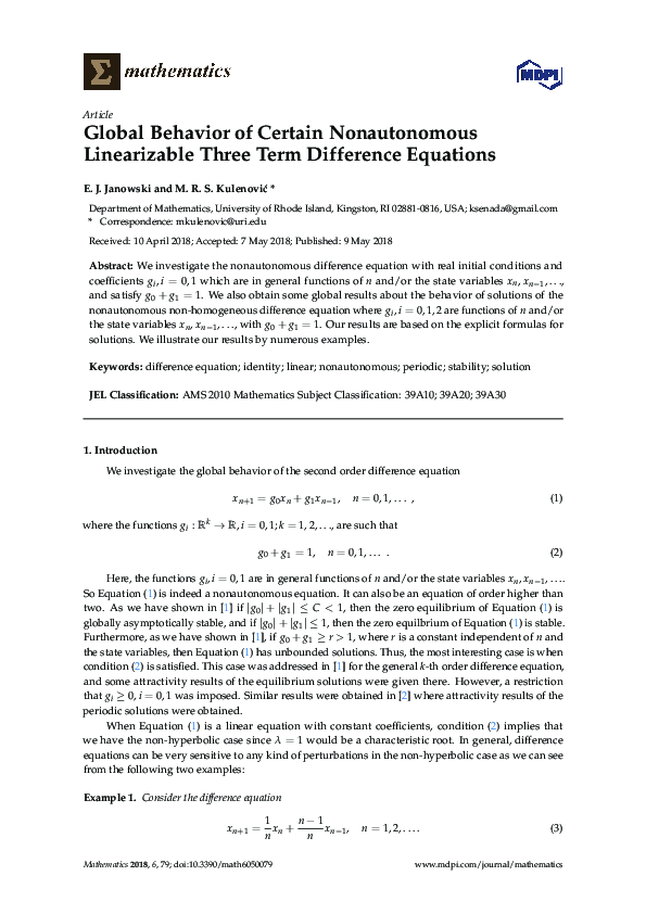(PDF) Global Behavior of Certain Nonautonomous Linearizable Three Term Difference Equations