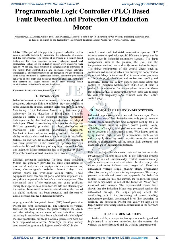 Pdf Programmable Logic Controller Plc Based Fault Detection And Protection Of Induction Motor