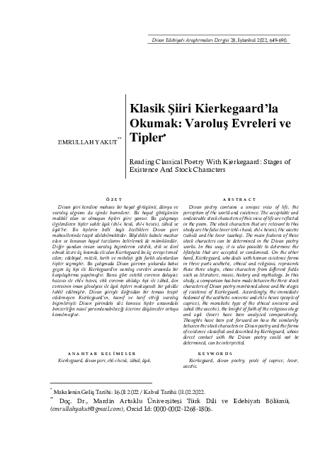 (PDF) Klasik Şiiri Kierkegaard’la Okumak: Varoluş Evreleri ve Tipler ...