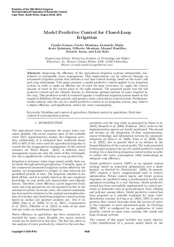 (PDF) Model Predictive Control for Closed-Loop Irrigation