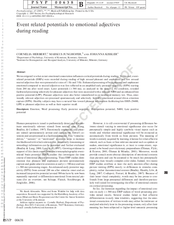 (PDF) Event related potentials to emotional adjectives during reading ...