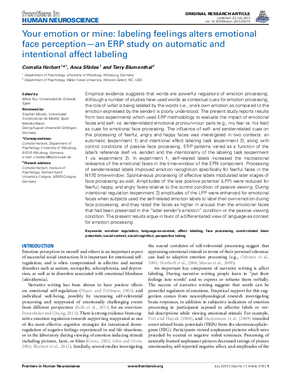 (PDF) Your emotion or mine: labeling feelings alters emotional face ...