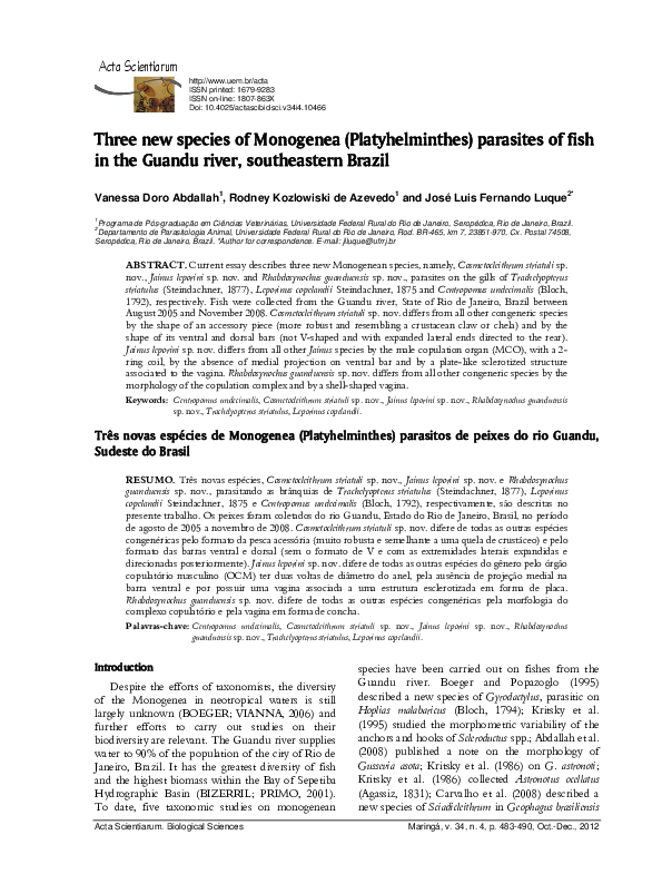 (PDF) Three new species of Monogenea (Platyhelminthes) parasites of ...