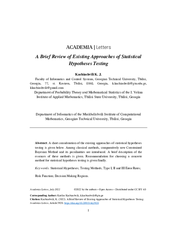 Pdf A Brief Review Of Existing Approaches Of Statistical Hypotheses Testing