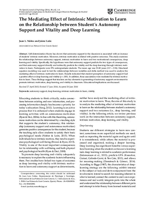 (PDF) The Mediating Effect of Intrinsic Motivation to Learn on the Relationship between Student ...