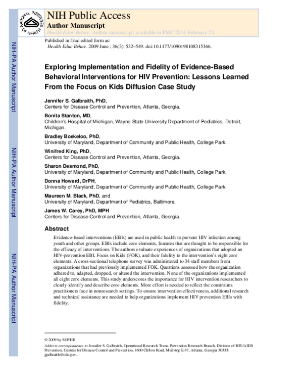 (PDF) Exploring Implementation and Fidelity of Evidence-Based Behavioral Interventions for HIV ...
