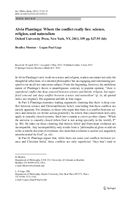 (PDF) Alvin Plantinga: Where the conflict really lies: science ...