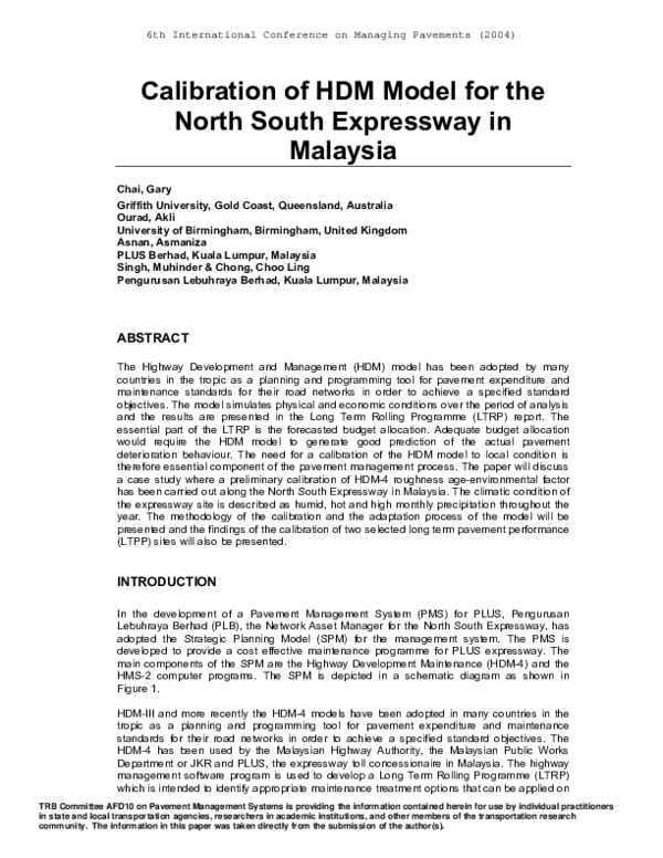 (PDF) Calibration of HDM-4 Models for the North South Expressway in ...