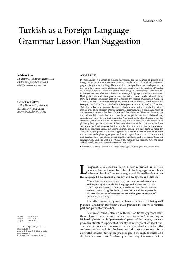 (PDF) Turkish as a Foreign Language Grammar Lesson Plan Suggestion