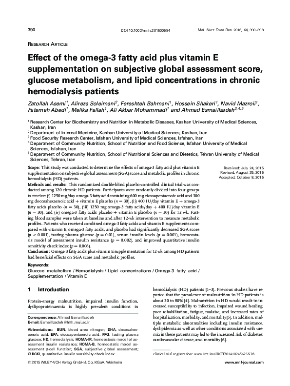 (PDF) Effect of the omega-3 fatty acid plus vitamin E supplementation on subjective global ...