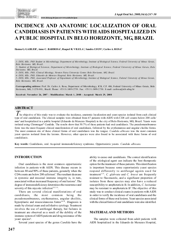 (PDF) Risk factors for oral candidiasis in Brazilian HIV-infected adult ...