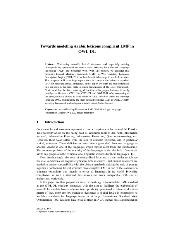 (PDF) Towards modeling Arabic lexicons compliant LMF in OWL-DL