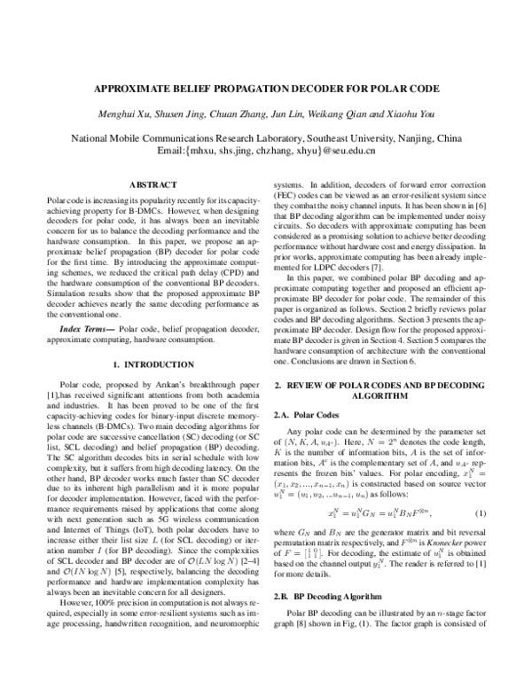 Pdf Approximate Belief Propagation Decoder For Polar Codes Shusen Jing