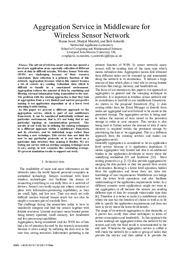(PDF) Aggregation Service In Middleware for Wireless Sensor Network