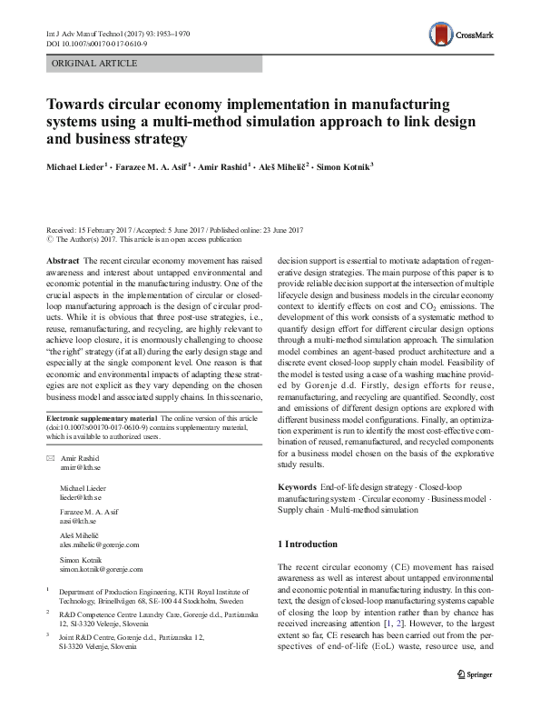 Pdf Towards Circular Economy Implementation In Manufacturing Systems Using A Multi Method