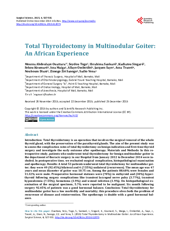 (PDF) Total Thyroidectomy in Multinodular Goiter: An African Experience