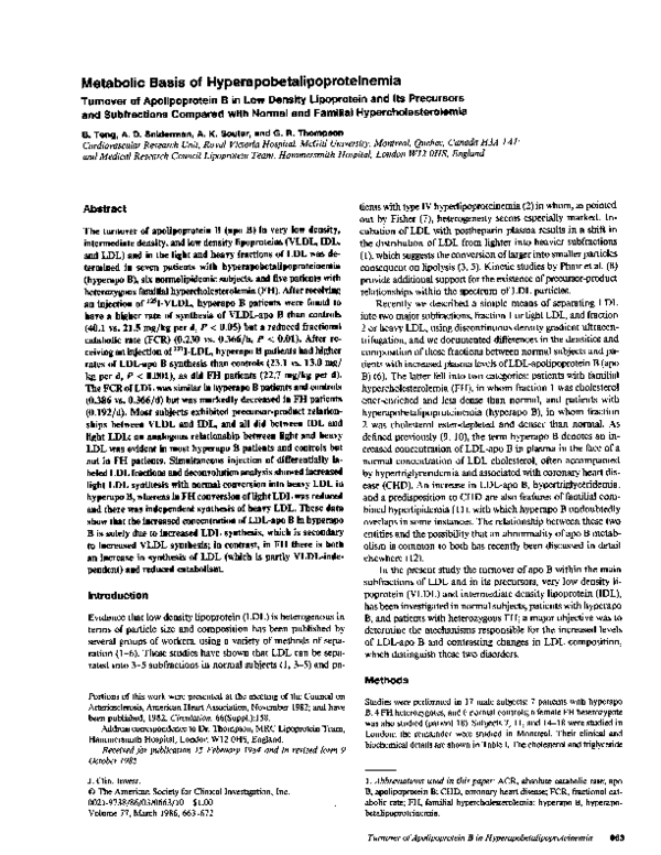 (PDF) Metabolic basis of hyperapobetalipoproteinemia. Turnover of ...