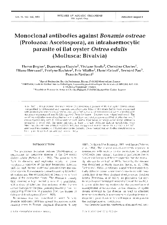 Monoclonal antibodies against Bonamia ostreae (Protozoa: Ascetospora ...