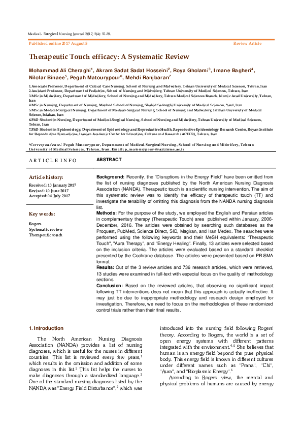 (PDF) Therapeutic Touch efficacy: A Systematic Review