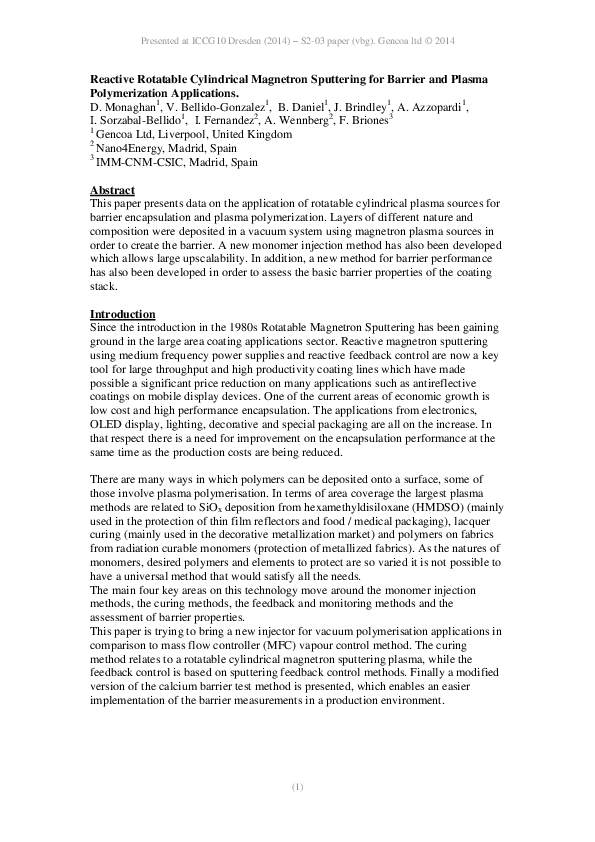Pdf Reactive Rotatable Cylindrical Magnetron Sputtering For Barrier And Plasmapolymerization