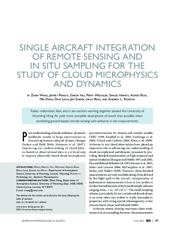 (PDF) Single Aircraft Integration of Remote Sensing and In Situ Sampling for the Study of Cloud ...