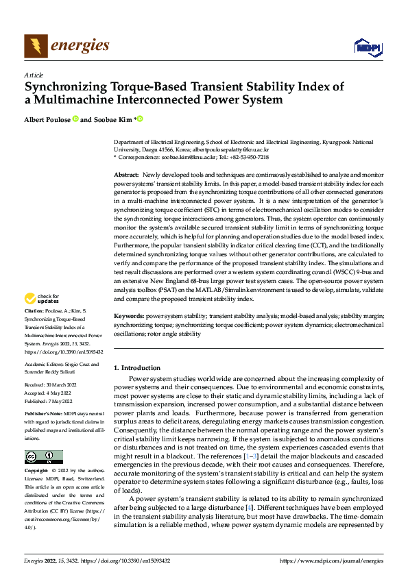 (PDF) Synchronizing Torque-Based Transient Stability Index of a Multimachine Interconnected ...