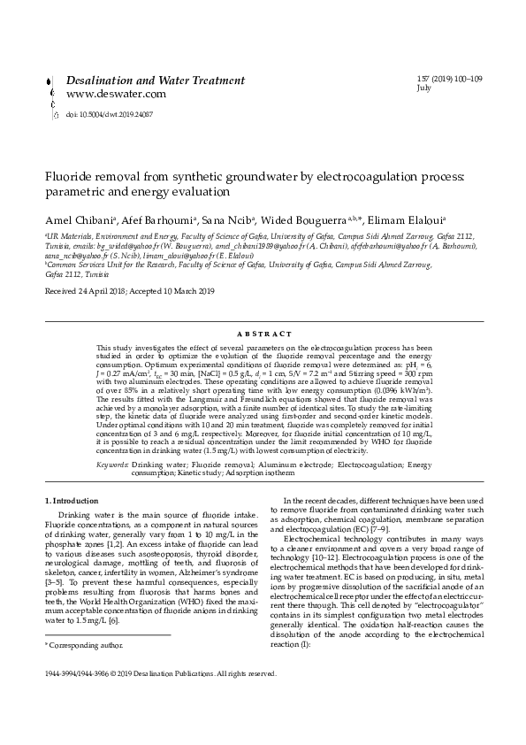 (PDF) Fluoride removal from synthetic groundwater by electrocoagulation process: parametric and ...