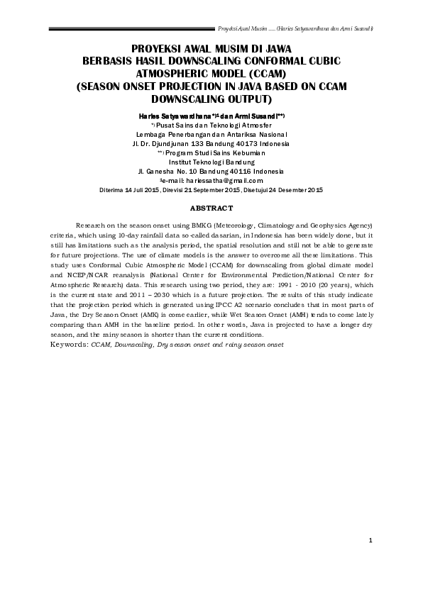 Pdf Proyeksi Awal Musim Di Jawa Berbasis Hasil Downscaling Conformal Cubic Atmospheric Model
