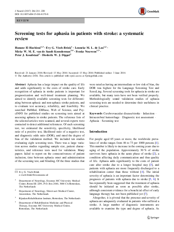 (PDF) Screening tests for aphasia in patients with stroke: a systematic ...