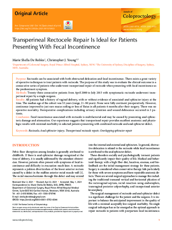 (PDF) Transperineal Rectocele Repair Is Ideal for Patients Presenting ...