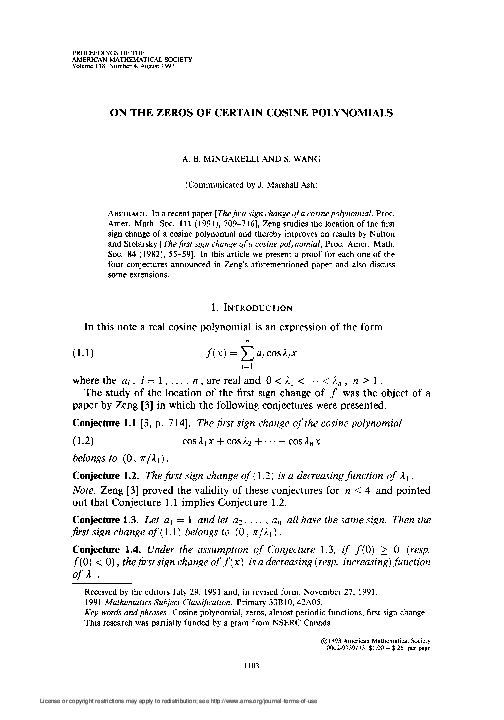 (PDF) On the zeros of certain cosine polynomials