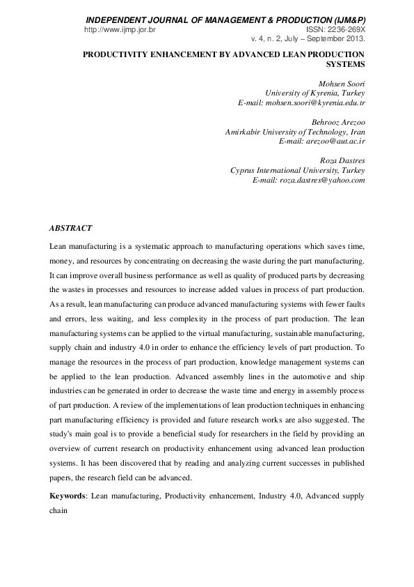 (PDF) PRODUCTIVITY ENHANCEMENT BY ADVANCED LEAN PRODUCTION SYSTEMS
