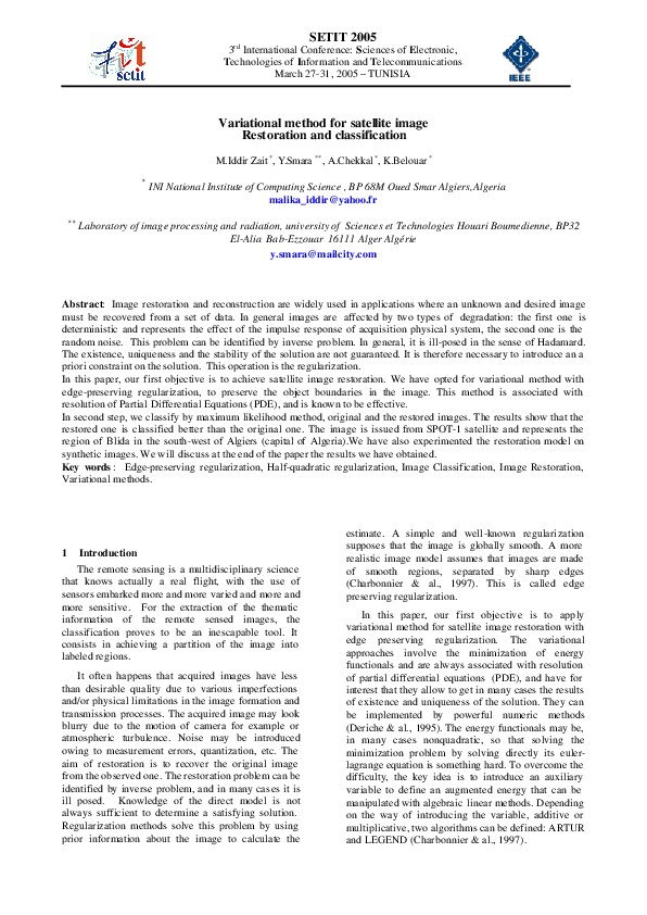 (PDF) Variational method for satellite image Restoration and classification