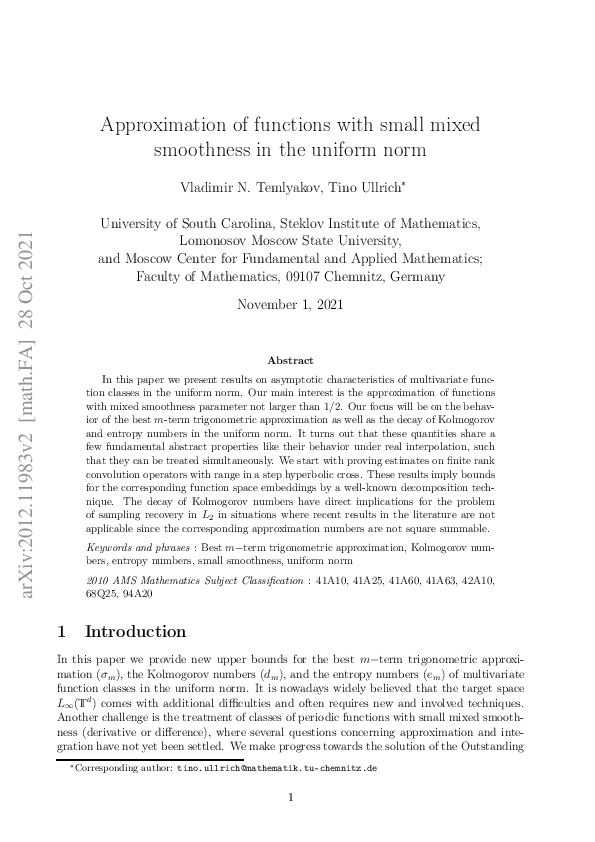 (PDF) Approximation of functions with small mixed smoothness in the uniform norm | Vladimir ...