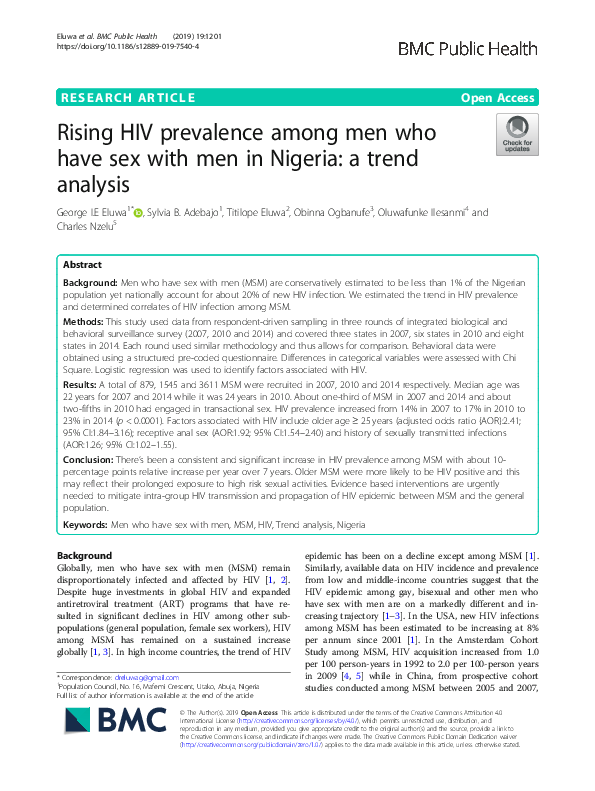 (PDF) Rising HIV prevalence among men who have sex with men in Nigeria ...