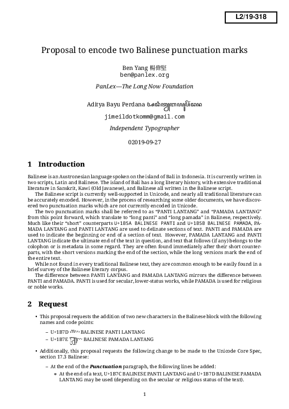(PDF) Proposal to encode two Balinese punctuation marks