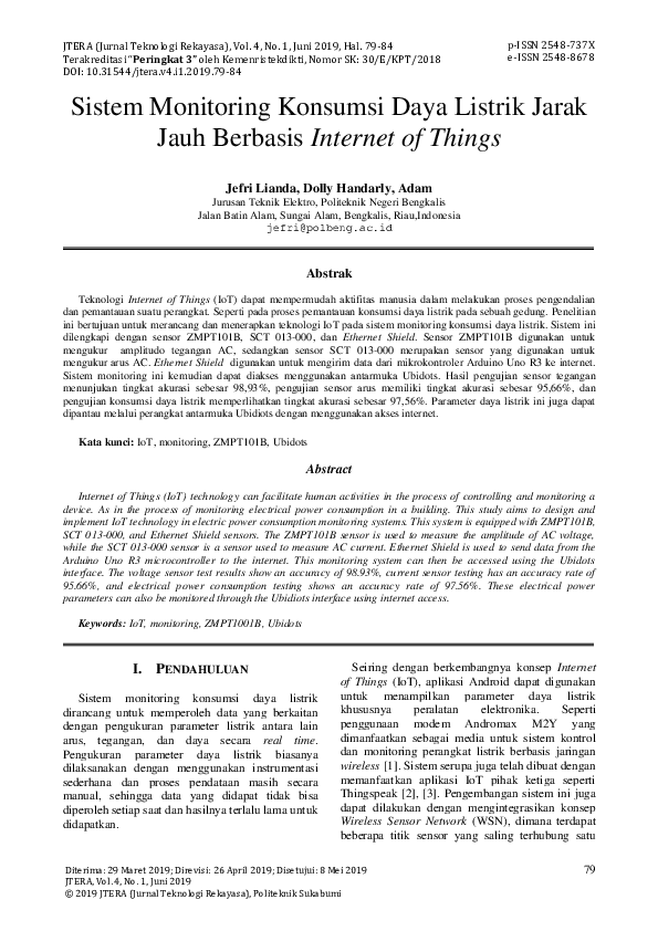 Pdf Sistem Monitoring Konsumsi Daya Listrik Jarak Jauh Berbasis Internet Of Things Adam Kho