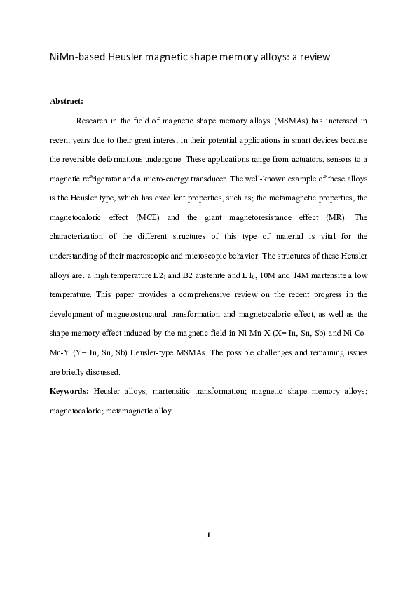 (PDF) NiMn-based Heusler magnetic shape memory alloys: a review