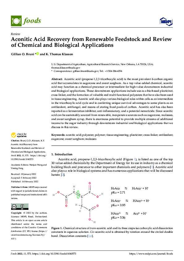 (PDF) Aconitic Acid Recovery from Renewable Feedstock and Review of ...