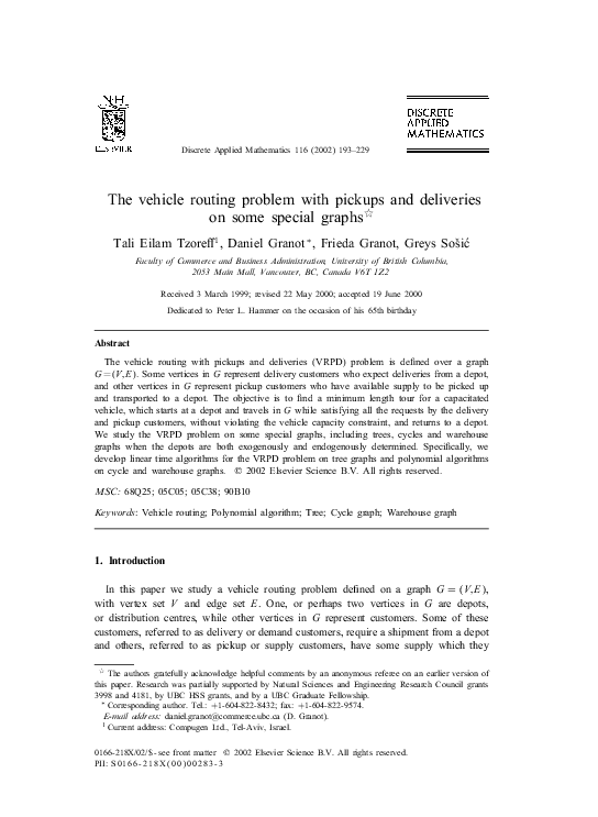 (PDF) The vehicle routing problem with pickups and deliveries on some ...