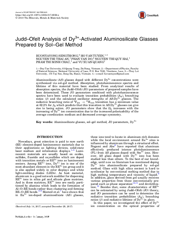 (PDF) Judd–Ofelt Analysis of Dy3+-Activated Aluminosilicate Glasses ...