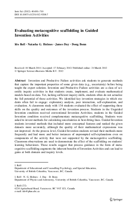 (PDF) Evaluating metacognitive scaffolding in Guided Invention Activities