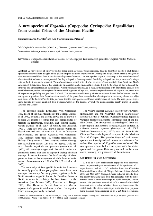 (PDF) A new species of Ergasilus (Copepoda: Cyclopoida: Ergasilidae ...