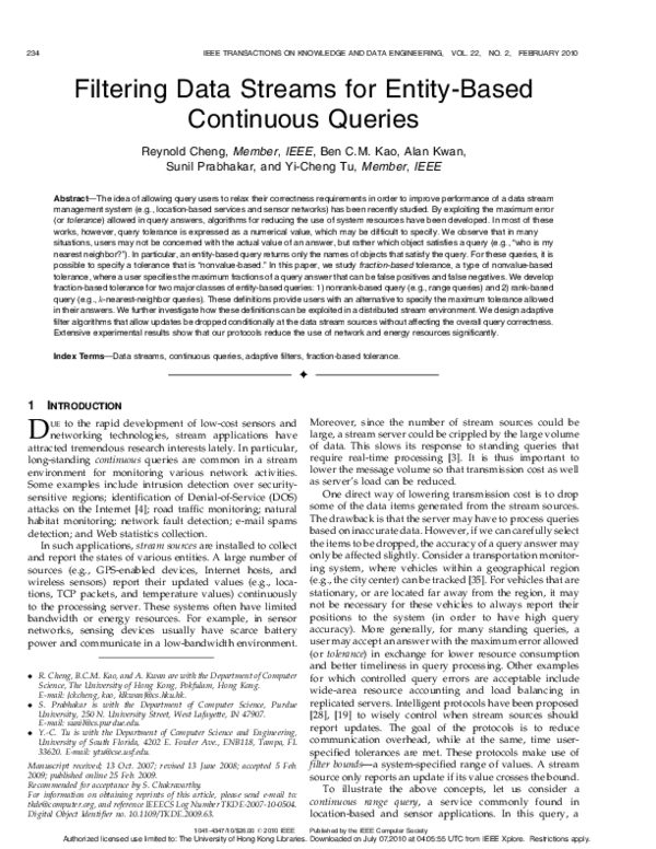 Pdf Filtering Data Streams For Entity Based Continuous Queries