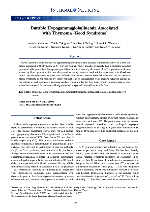(PDF) Durable Hypogammaglobulinemia Associated with Thymoma (Good Syndrome)