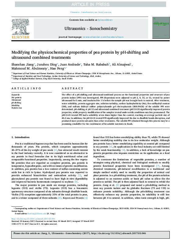 (PDF) Enhancing Pea Protein Properties via pH-US Treatment