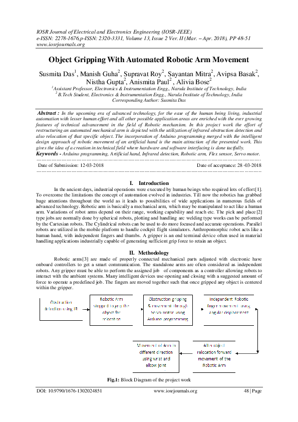 (PDF) Object Gripping With Automated Robotic Arm Movement