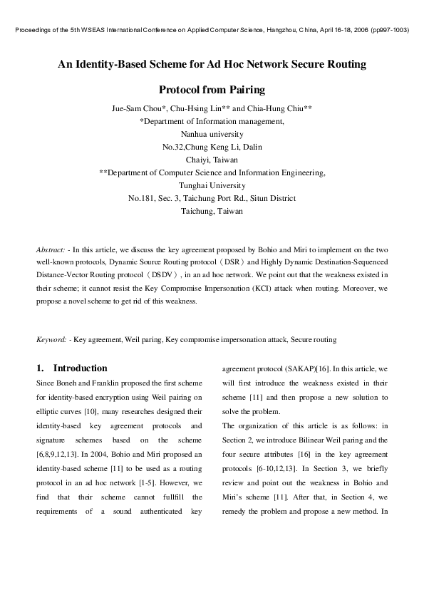 Pdf An Identity Based Scheme For Ad Hoc Network Secure Routing Protocol From Pairing