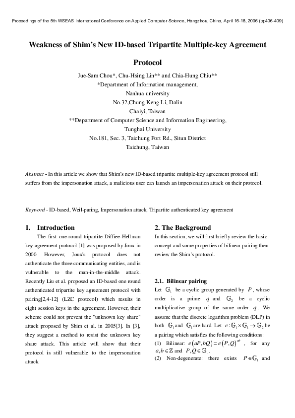 (PDF) Weakness of Shim's new ID-based tripartite multiple-key agreement protocol